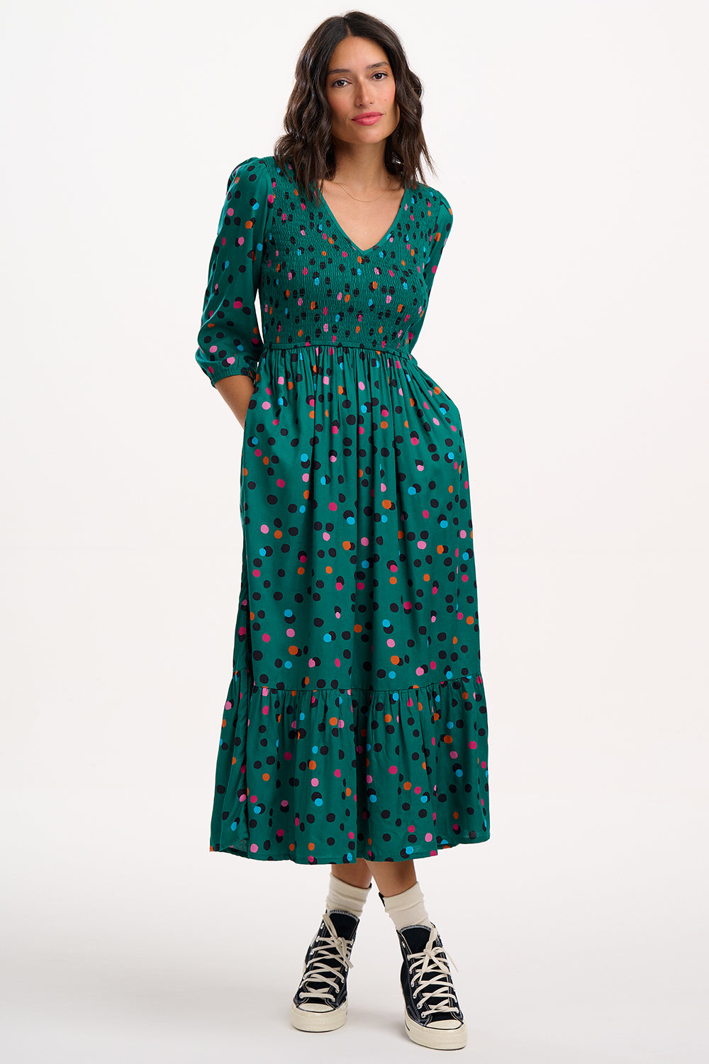 Magdalene Shirred Midi Dress - Green, Rainbow Dappled Spot – Sugarhill ...