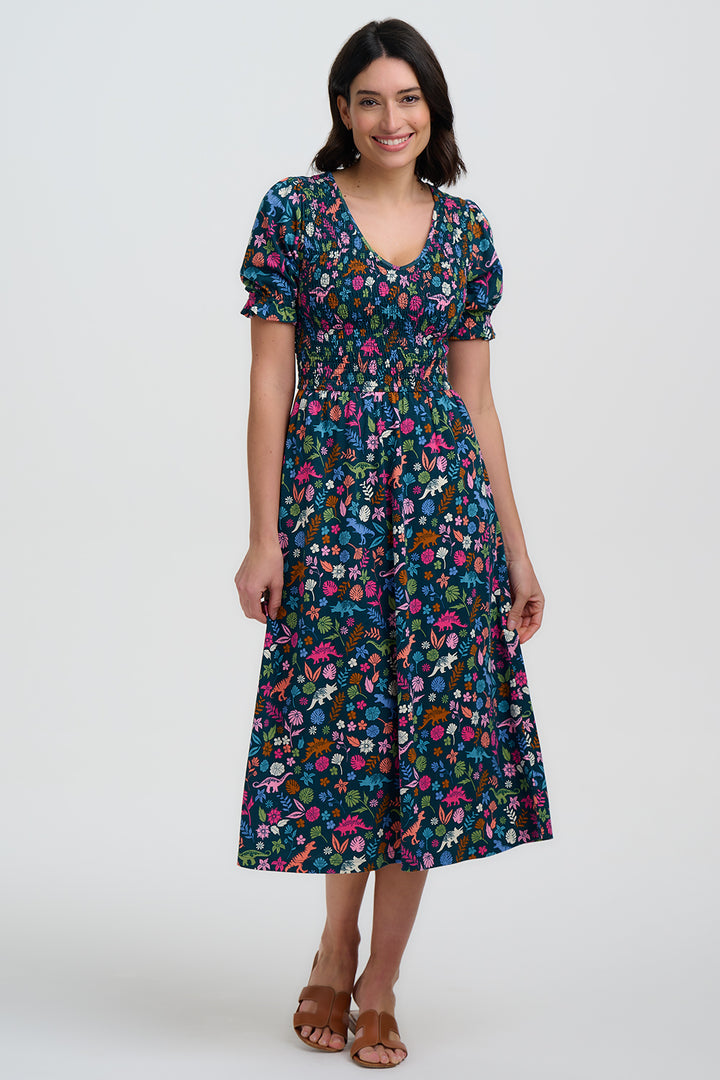Daphne Shirred Jersey Midi Dress - Teal/Multi, Hidden Dinosaur ...