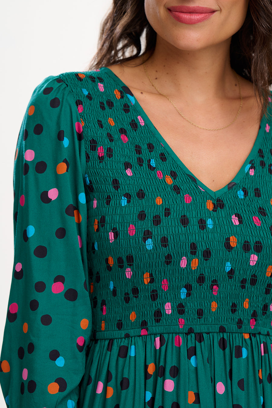 Magdalene Shirred Midi Dress - Green, Rainbow Dappled Spot – Sugarhill ...
